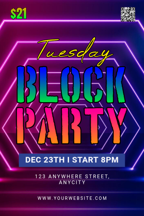 Purple Neon Tuesday Block Party Poster Templat | PosterMyWall