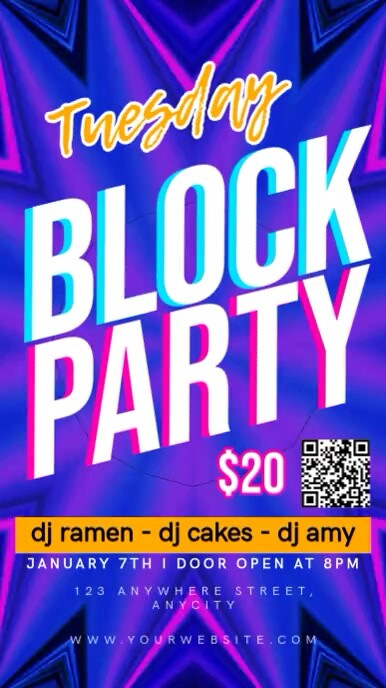 Purple Neon Tuesday Block Party Reel Instagram Template | PosterMyWall