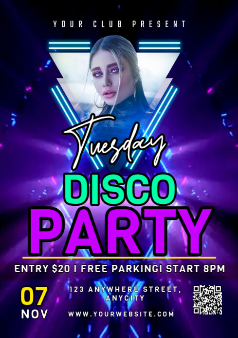 Plantilla de Purple Neon Tuesday Disco Party A2 | PosterMyWall