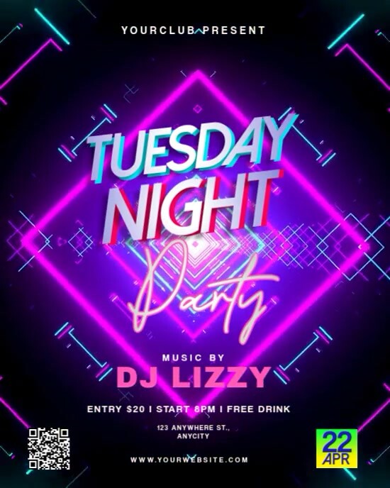 Purple Neon Tuesday Night Party Instagram Portrait Template | PosterMyWall