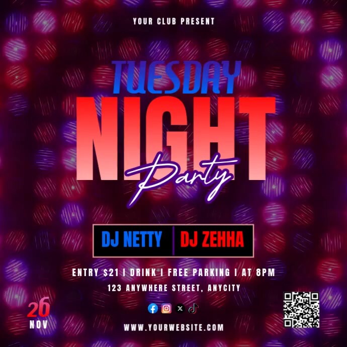 Purple Neon Tuesday Night Party Pos Instagram Template | PosterMyWall