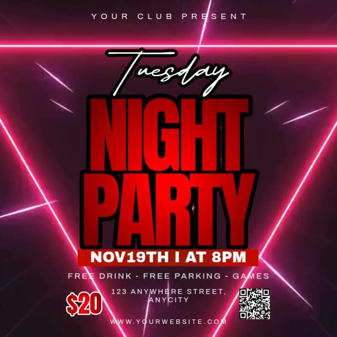 Plantilla de Purple Neon Tuesday Night Party Pos Instagram | PosterMyWall