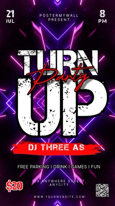 Purple Neon Turn Up Party Reel Instagram Template | PosterMyWall