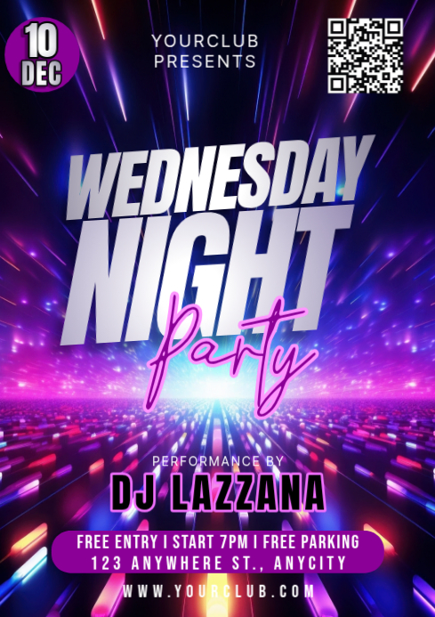 Purple Neon Wednesday Night Party A4 Template | PosterMyWall