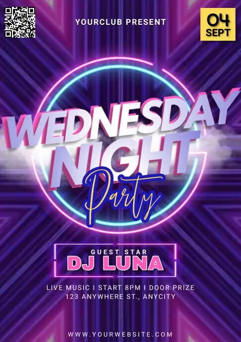 Purple Neon Wednesday Night Party A4 Template | PosterMyWall