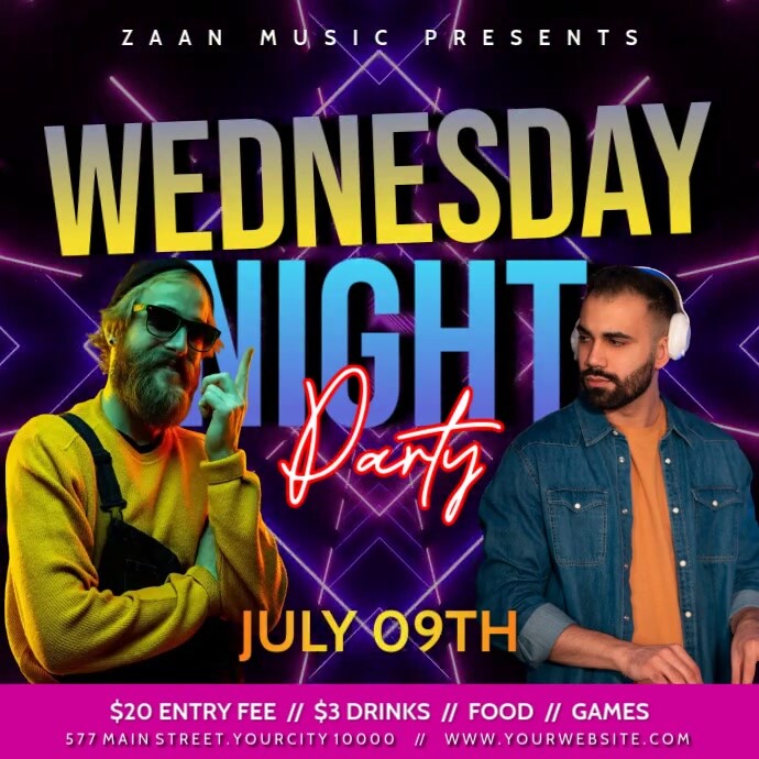 Purple Neon Wednesday Night Party Persegi (1:1) Template | PosterMyWall