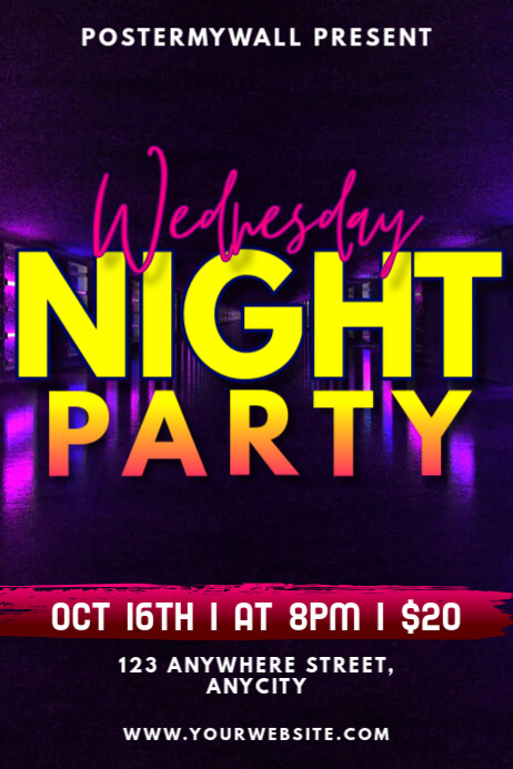 Plantilla de Purple Neon Wednesday Night Party Poster | PosterMyWall
