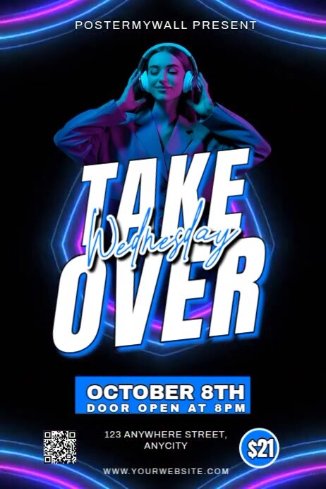 Purple Neon Wednesday Take Over Party Poster Template | PosterMyWall