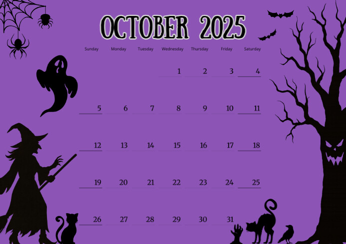 Purple October 2025 Halloween Calendar Planner A4 Template | PosterMyWall