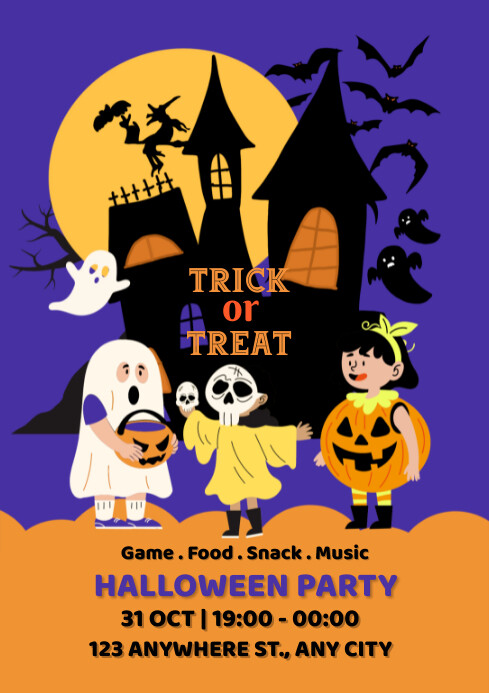 Purple Orange Playful Halloween Party Poster Template | PosterMyWall