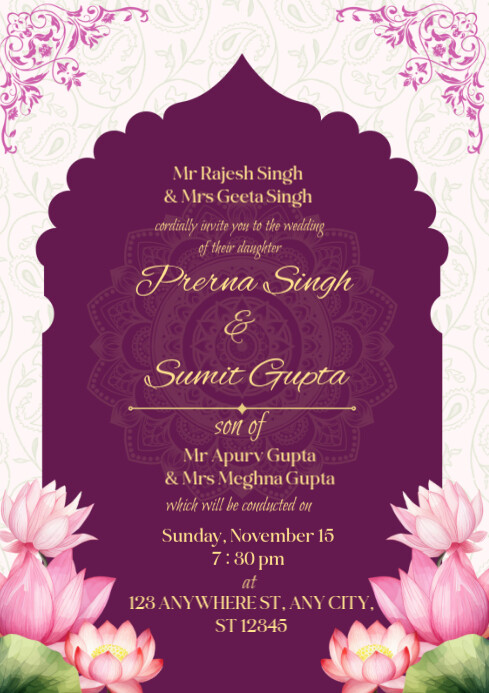 Purple Pastel Purple And Golden Wedding Invitation A4 Template ...