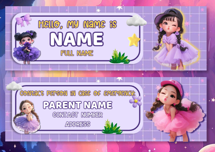 Purple Pastel Purple Nametag For Kids A4 Template | PosterMyWall