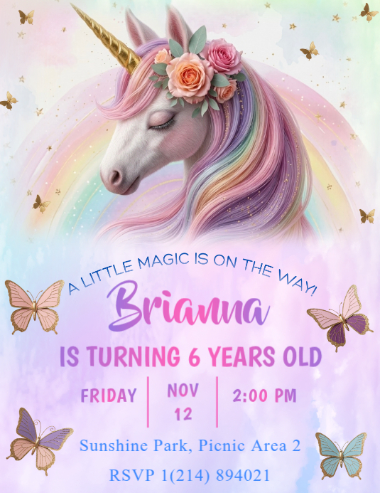 Purple Pastel Unicorn Birthday Party Flyer Template | PosterMyWall