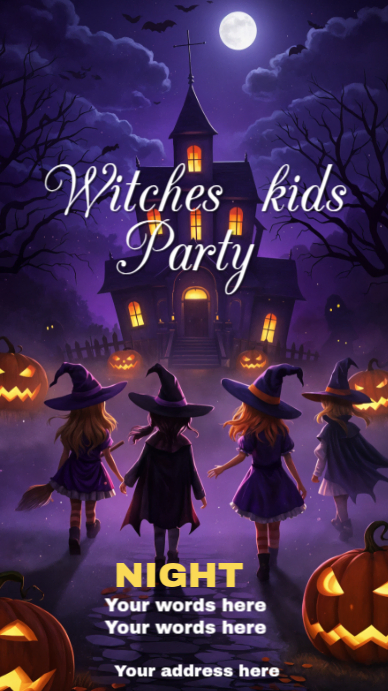 Purple Pastel Witches Kids Party Flyer Template Instagram Story ...