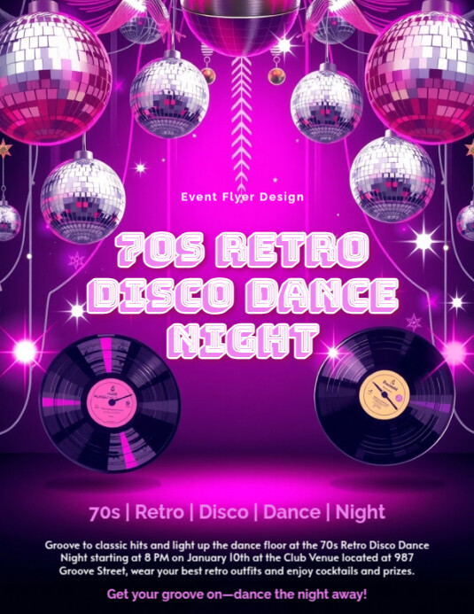 Purple Pink Vibrant Groovy 70s Retro Disco Dance Night Flyer Design ...