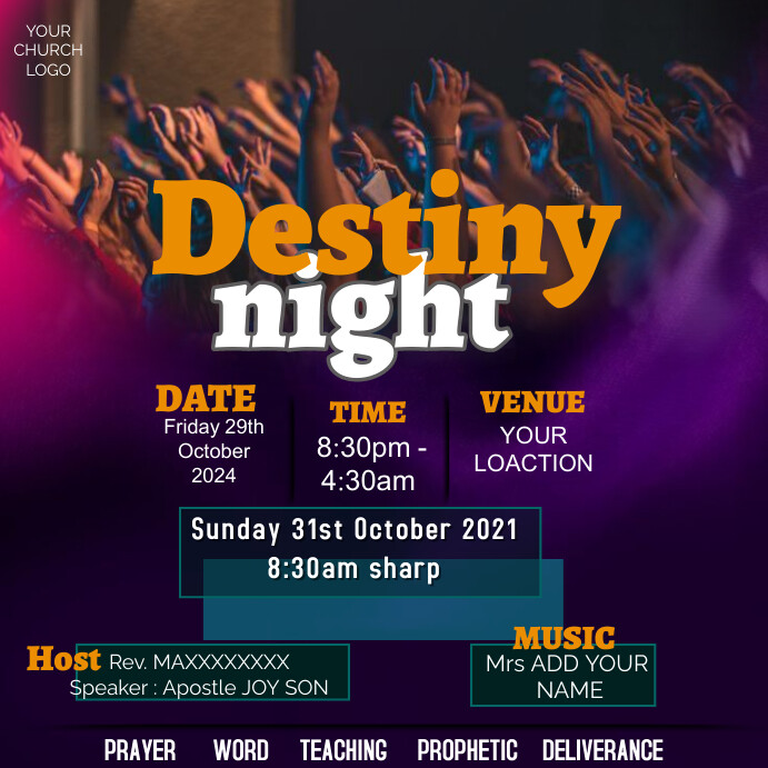 Plantilla de Purple Professional Destiny Night Church Inst | PosterMyWall