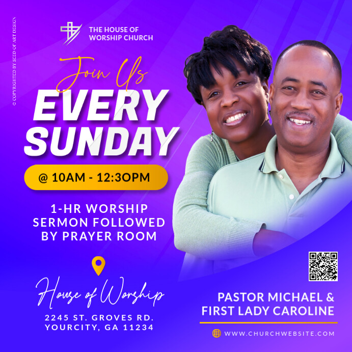 Purple Professional Join Us Every Sunday Church Worship Service Qr Code ...