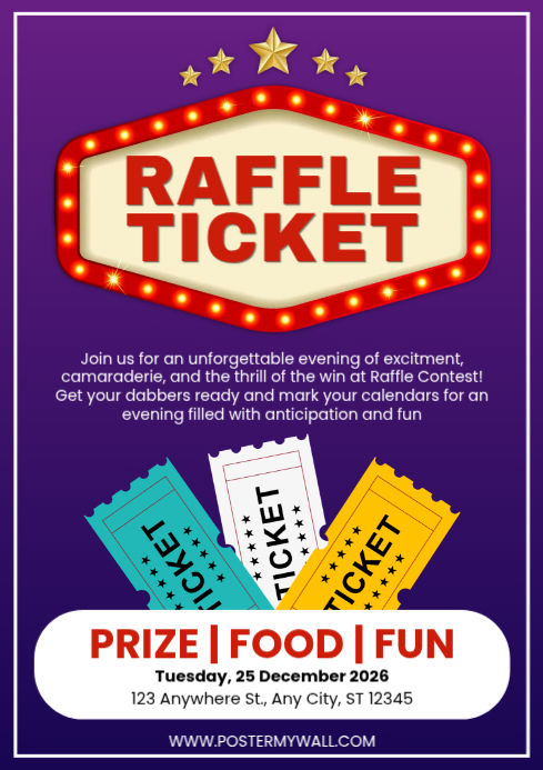 Plantilla de Purple Raffle Ticket Event A4 | PosterMyWall