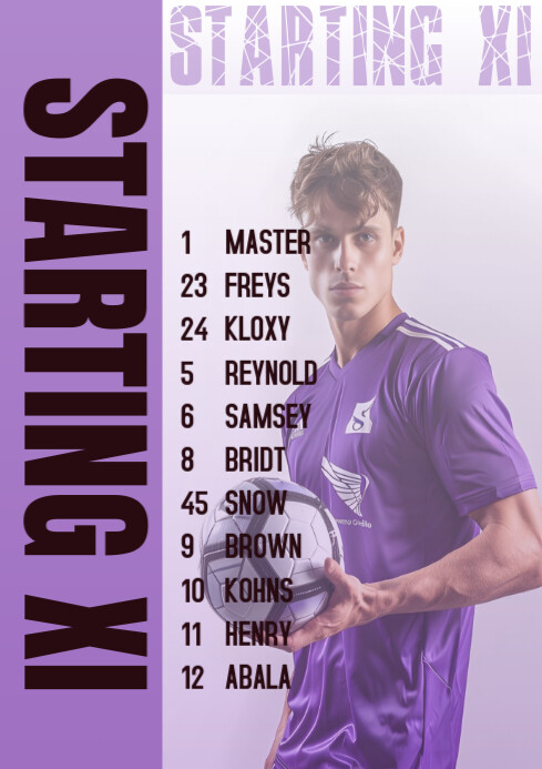 Plantilla de Purple Starting Xi A4 | PosterMyWall