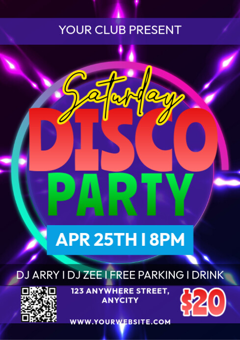 Purple Tipografi Saturday Disco Party A1 Template | PosterMyWall
