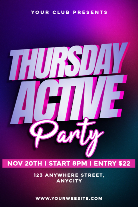 Purple Tipografi Thursday Active Party Poster Template | PosterMyWall
