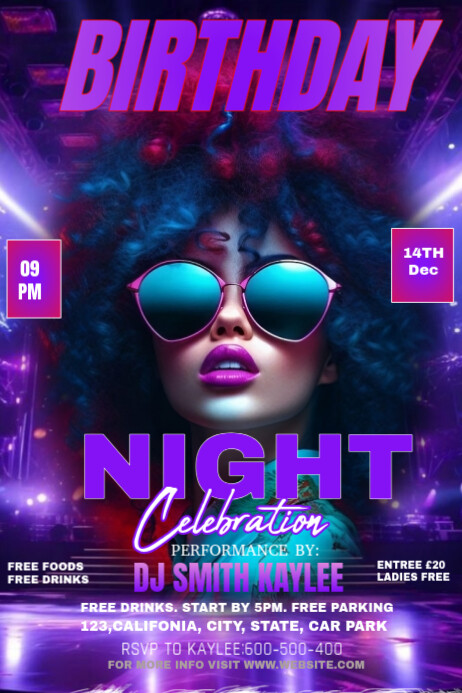 Purple Typographic Birthday Night Party Flyer Poster Template ...
