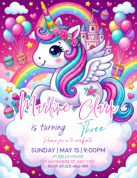 Purple unicorn birthday party flyer Template | PosterMyWall