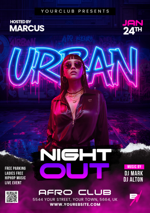 Plantilla de Purple Urban Night Out Event A5 | PosterMyWall