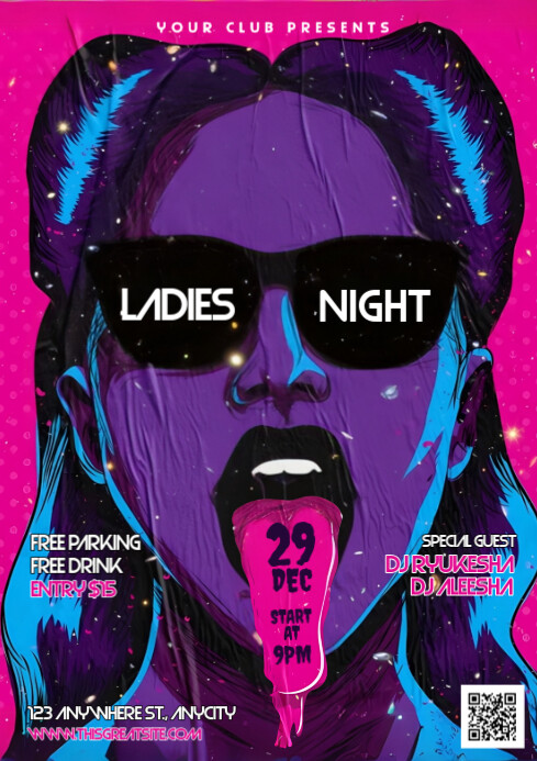 Purple Vintage Ladies Night Cartoon Style A4 Template | PosterMyWall