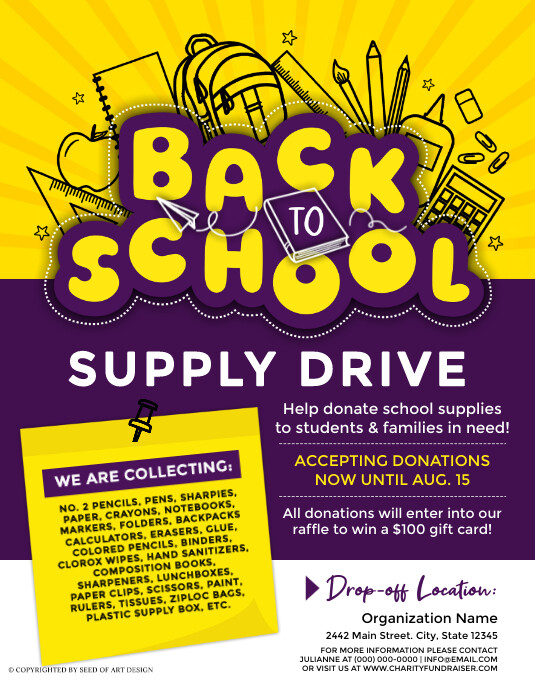 Copy of Purple Yellow Back To School Supply Drive Don | PosterMyWall