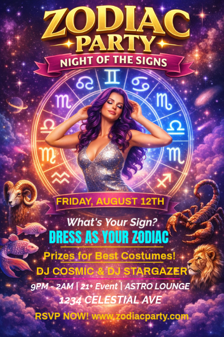 Purple Zodiac Party Poster Template | PosterMyWall