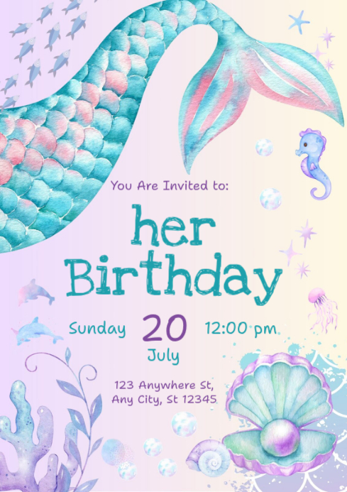 Plantilla de Putih Mermaid Birthday Invitation A4 | PosterMyWall