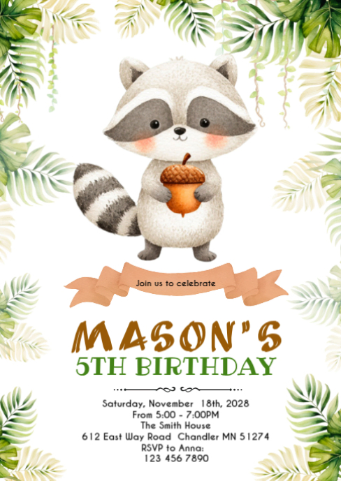 Raccoon birthday party invitation Template | PosterMyWall