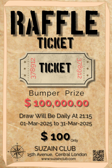 raffle ticket, prize, ticket, draw, bumper draw Template | PosterMyWall