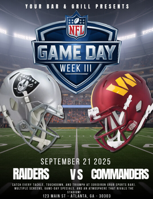 Plantilla de raiders vs commanders. nfl game day flyer. american ...