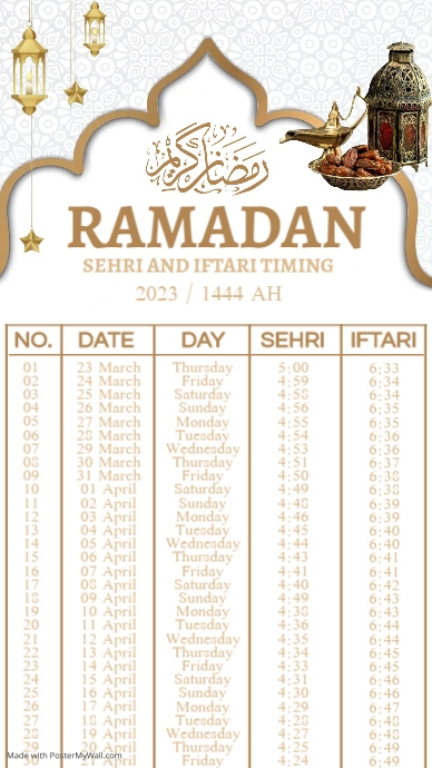 Plantilla de Ramadan Sehri Iftari Timing Calendar. | PosterMyWall