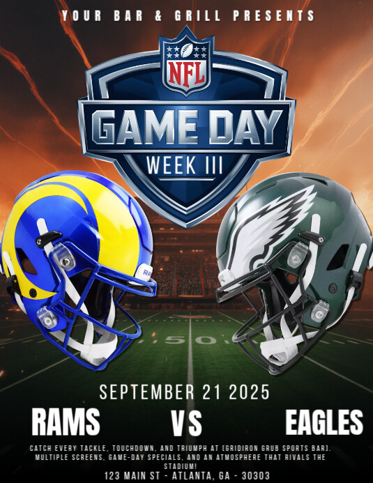 RAMS VS EAGLES. nfl game day flyer. american football. Template ...
