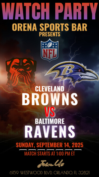 Ravens vs Browns Week 2 NFL Showdown Watch Party Template | PosterMyWall