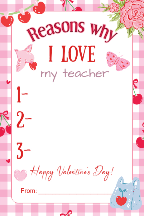 Reasons Why I Love My Teacher, Valentine Card for Teacher, Template ...