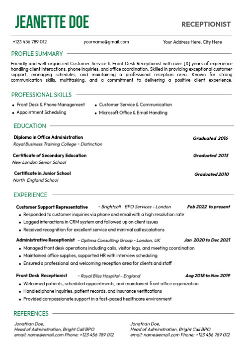 Receptionist 1 page resume Template | PosterMyWall