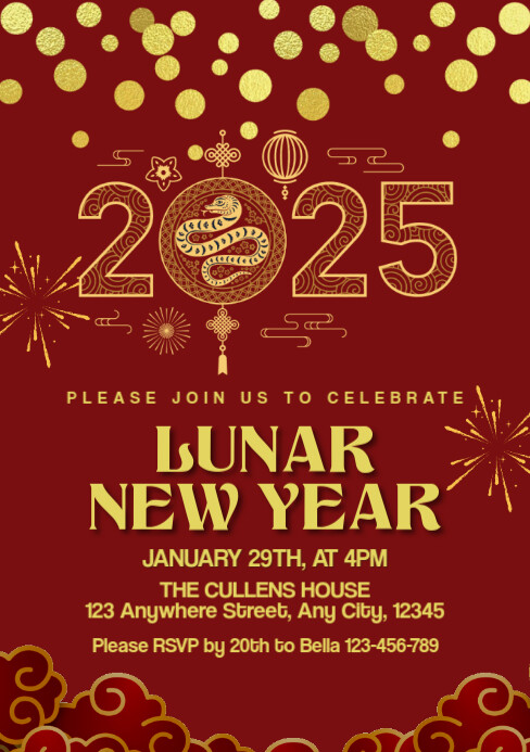 Copy of Red & Gold Simple Lunar New Year 2025 Invitation Card A5 ...