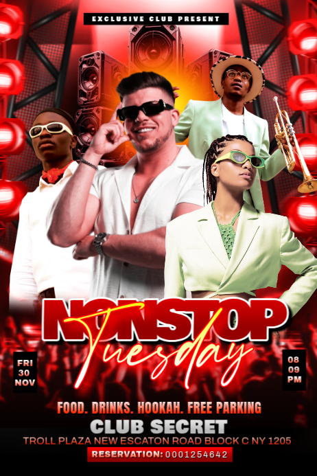 Red 3d Nonstop Tuesday Night Party Poster Template | PosterMyWall