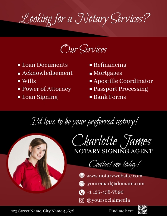 Plantilla de Red and Black Notary Service Flyer | PosterMyWall