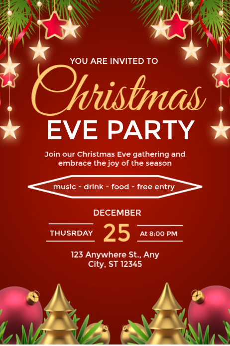 Red And Gold Christmas eve party poster Design Template | PosterMyWall