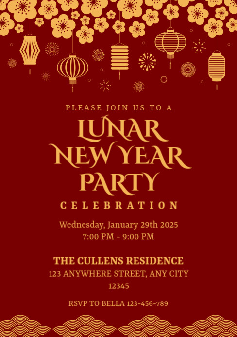 Red And Gold Elegant Lunar New Year Party Invitation Card A5 Template ...