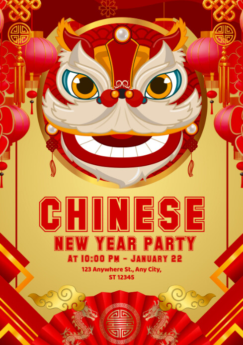 Red and Gold Modern Illustrative Chinese New Year Party Poster Template ...