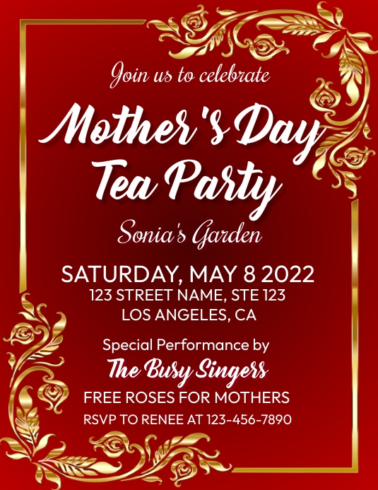 Red and Gold Mother's Day Tea Party Flyer Template | PosterMyWall