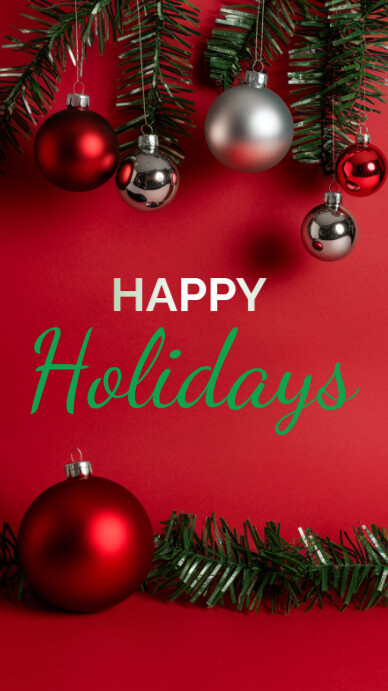 Red background happy holidays greeting card with red and silver baubles ...