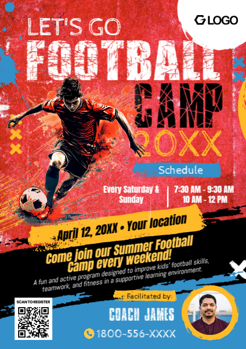 Red Blue Grunge Football Camp Flyer Poster Template A4 | PosterMyWall