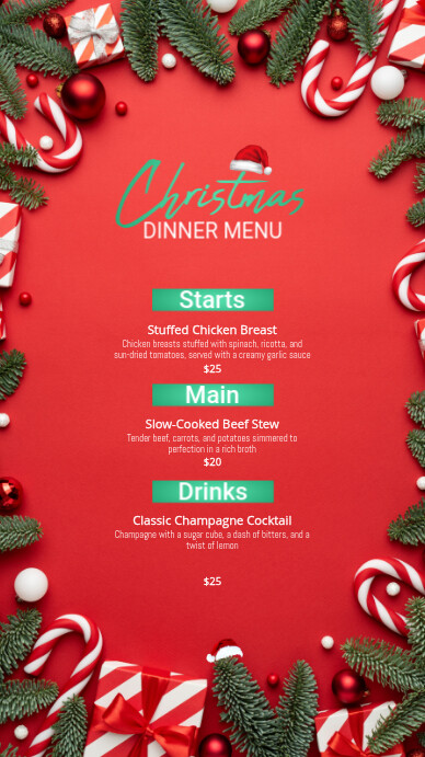 Red Christmas Dinner Menu Digital Display (9:16) Template | PosterMyWall